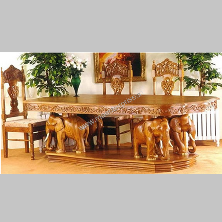 Elephant Theme Wooden Hand Carved Dining Table